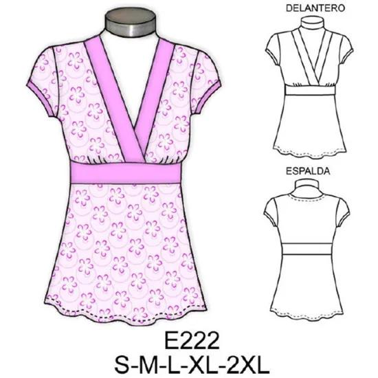 Molde E222 - Polera cruzada con corte bajo busto